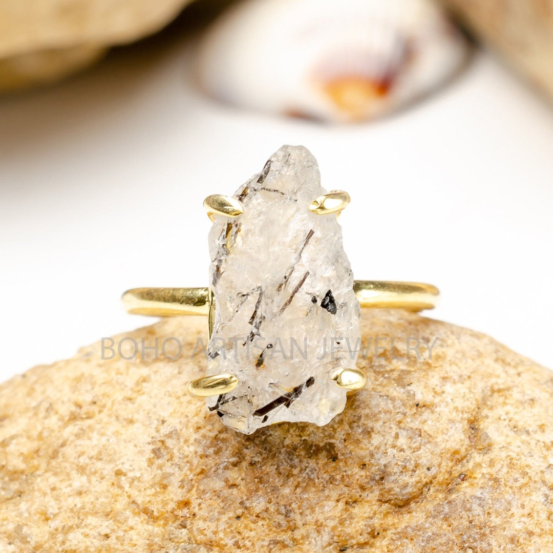 Raw Black Rutile Quartz Ring, 14K Gold Plated Ring, Raw Rutilated ...