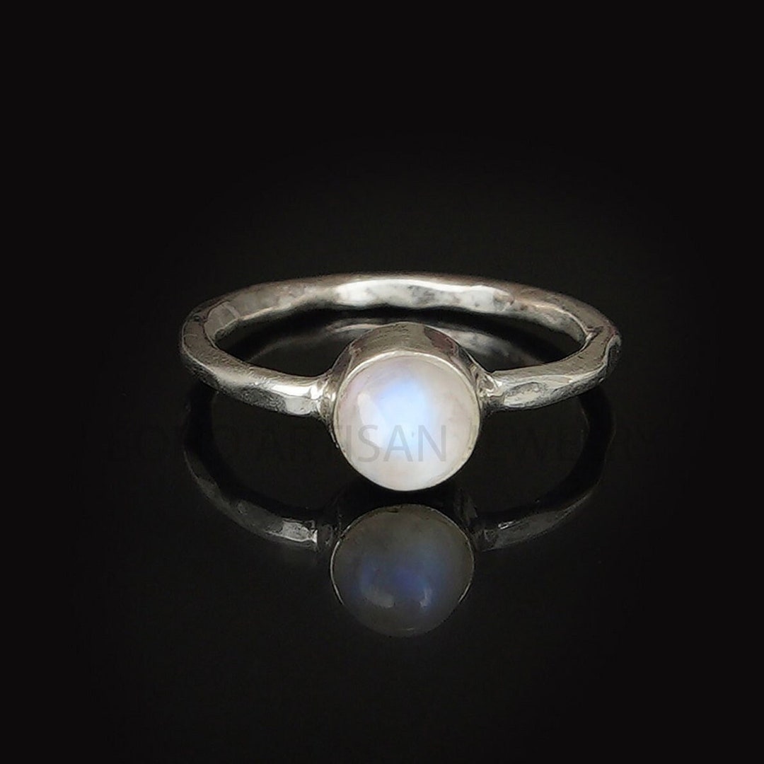 Rainbow Tiny Moonstone Ring, Hammered Texture Band, Cabochon Ring ...