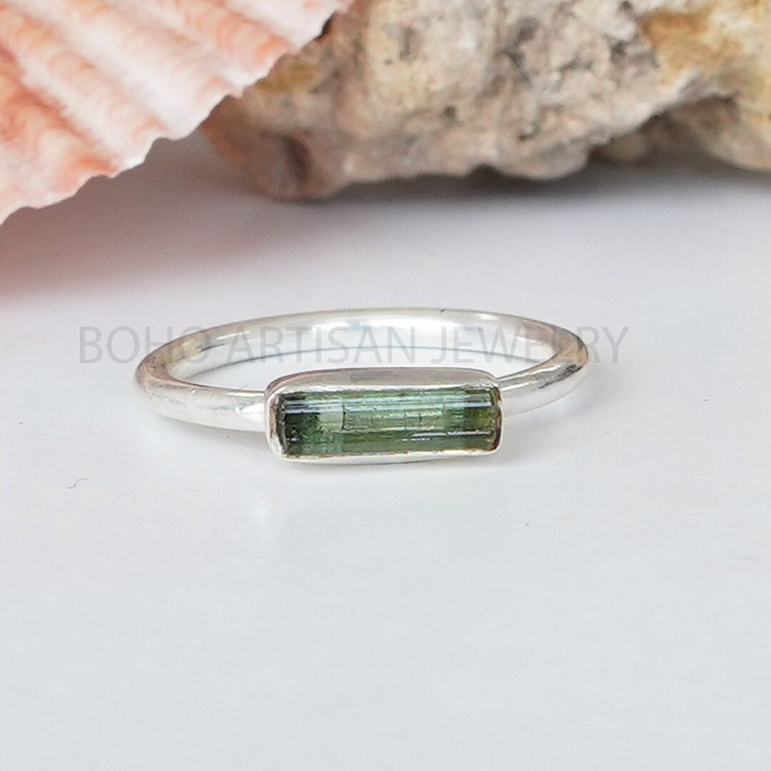 Raw Green Tourmaline Bar Ring, Raw Crystal Ring, Tourmaline Long Bar ...