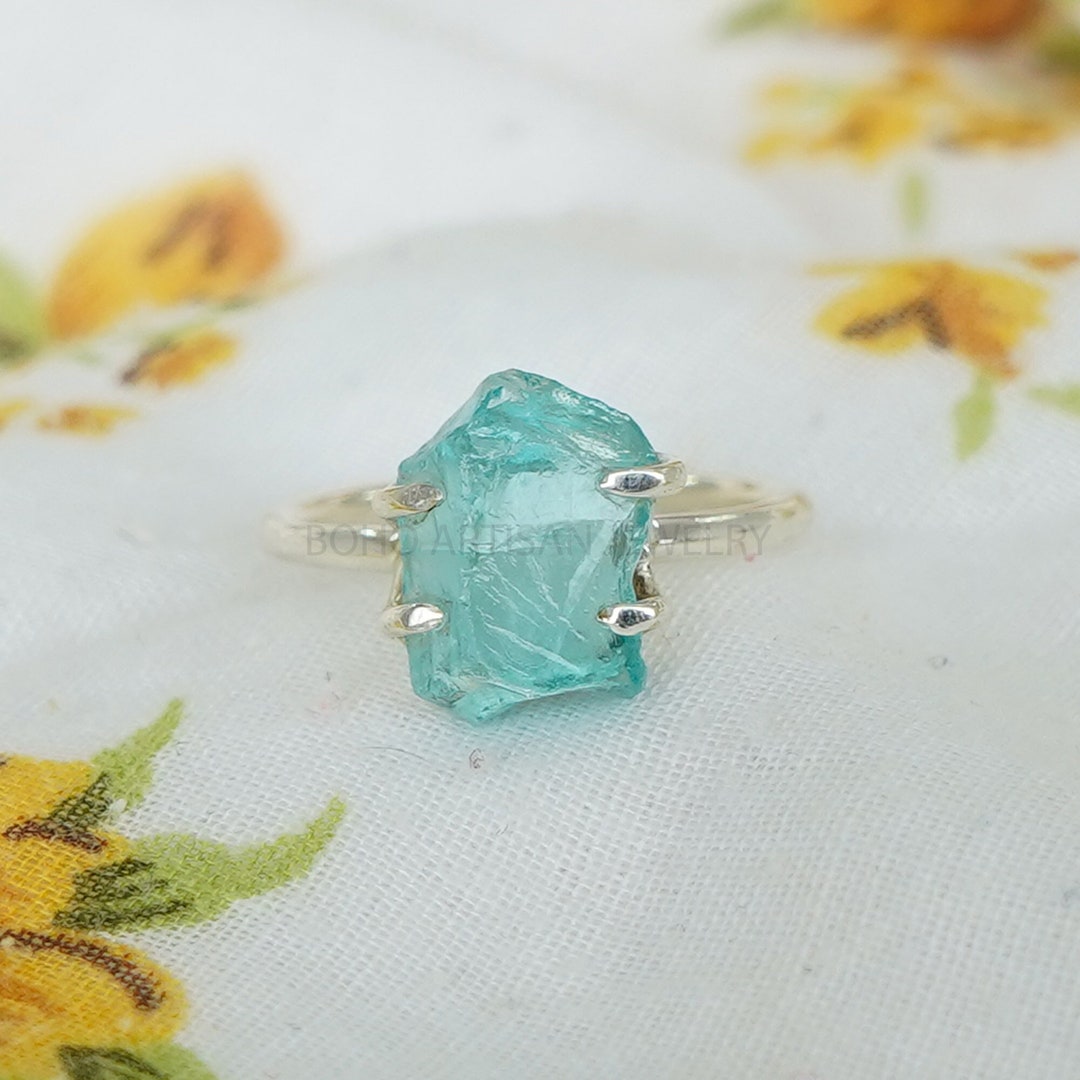 Raw Blue Apatite Ring, Raw Crystal Ring, Silver Handmade Ring, Boho Ring, Natural Apatite, Rough ...