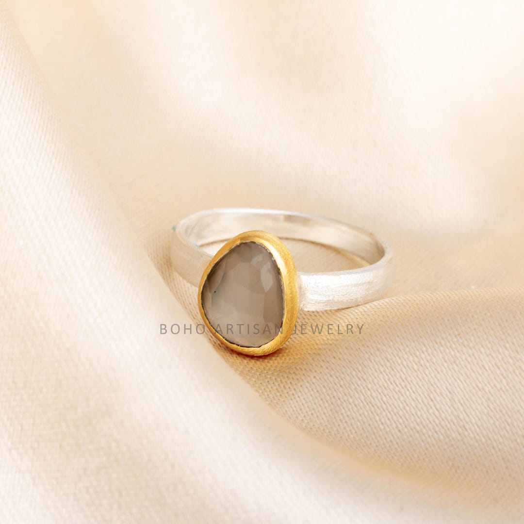 Grey Moonstone Ring, Rose Cut Ring, Dual Plated Gold Ring, Matte Finish ...