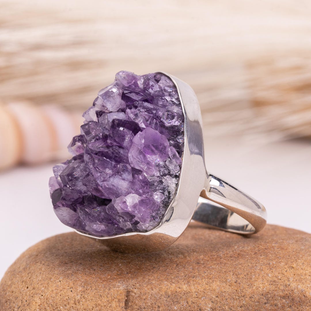 Raw Amethyst Geode Ring, Chunky Uncut Stone Ring, Handmade Healing ...