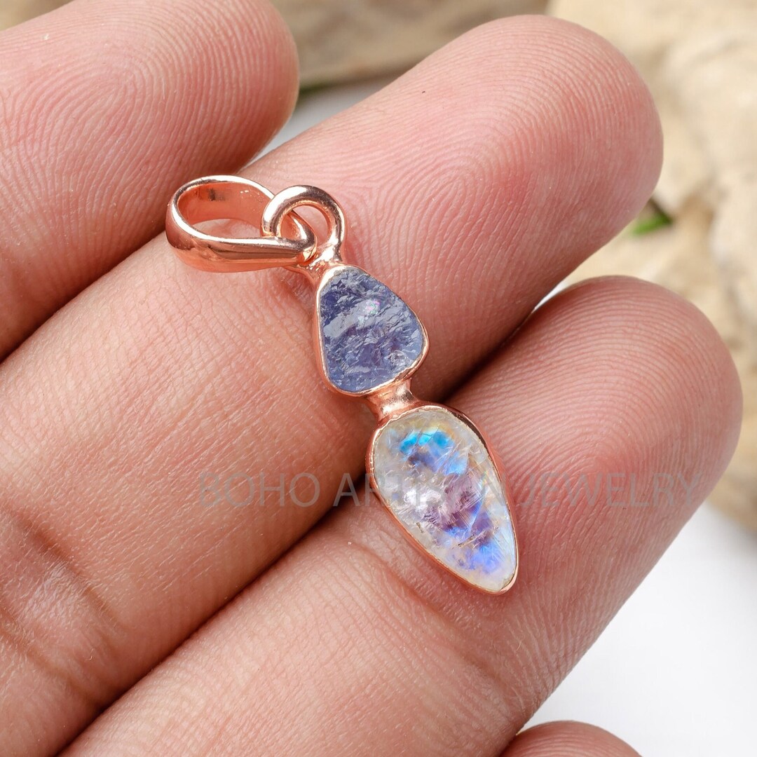 Rainbow Moonstone Tanzanite Pendant, Rose Gold Plated Pendant Necklace ...