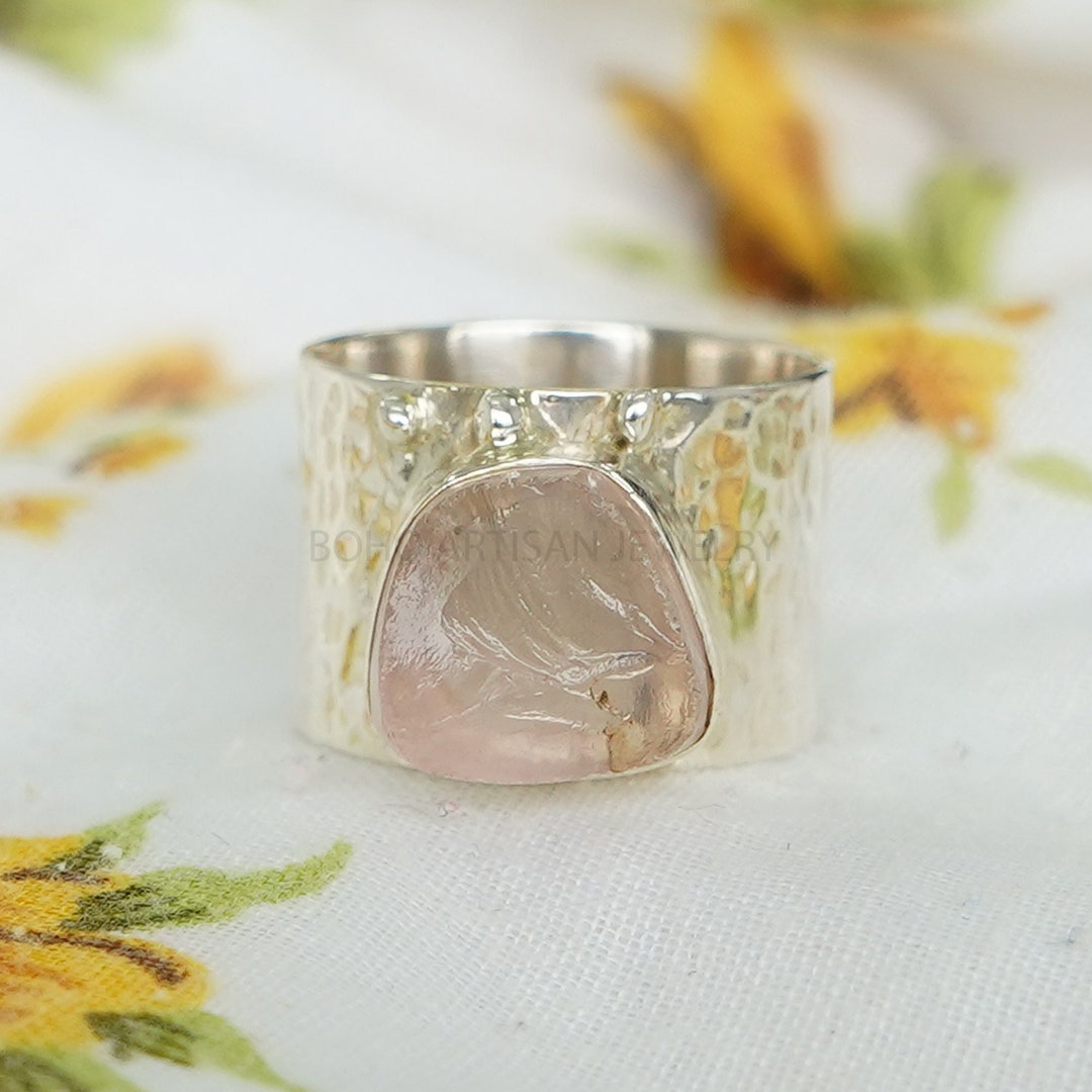 Rose Quartz Band Ring, Raw Pink Quartz Ring, Thumb Ring, Textured Band Ring, Handmade, Boho Ring ...