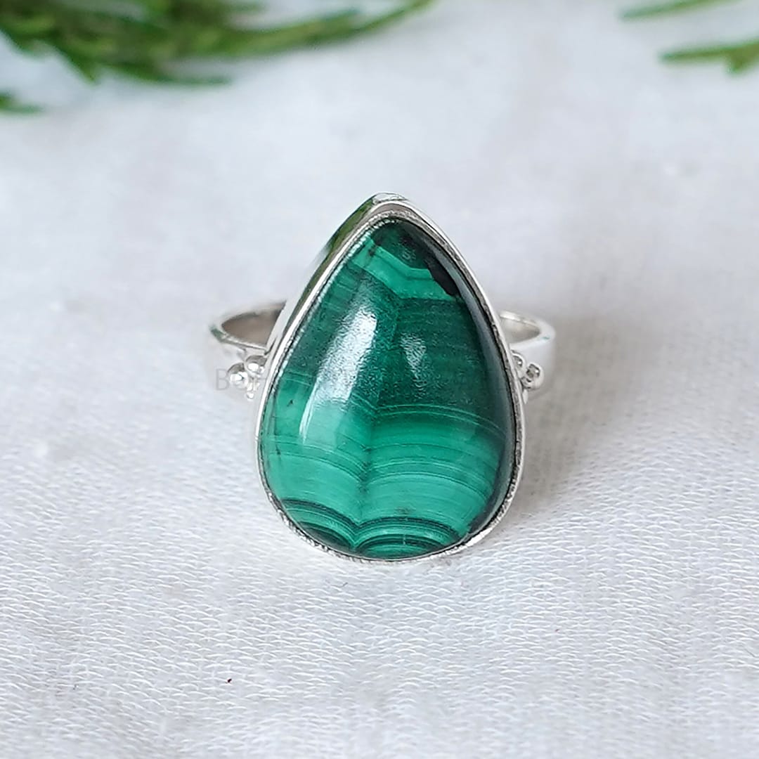 Malachite Ring, Cabochon Gemstone Ring, Three Dot Ring, Silver Handmade ...