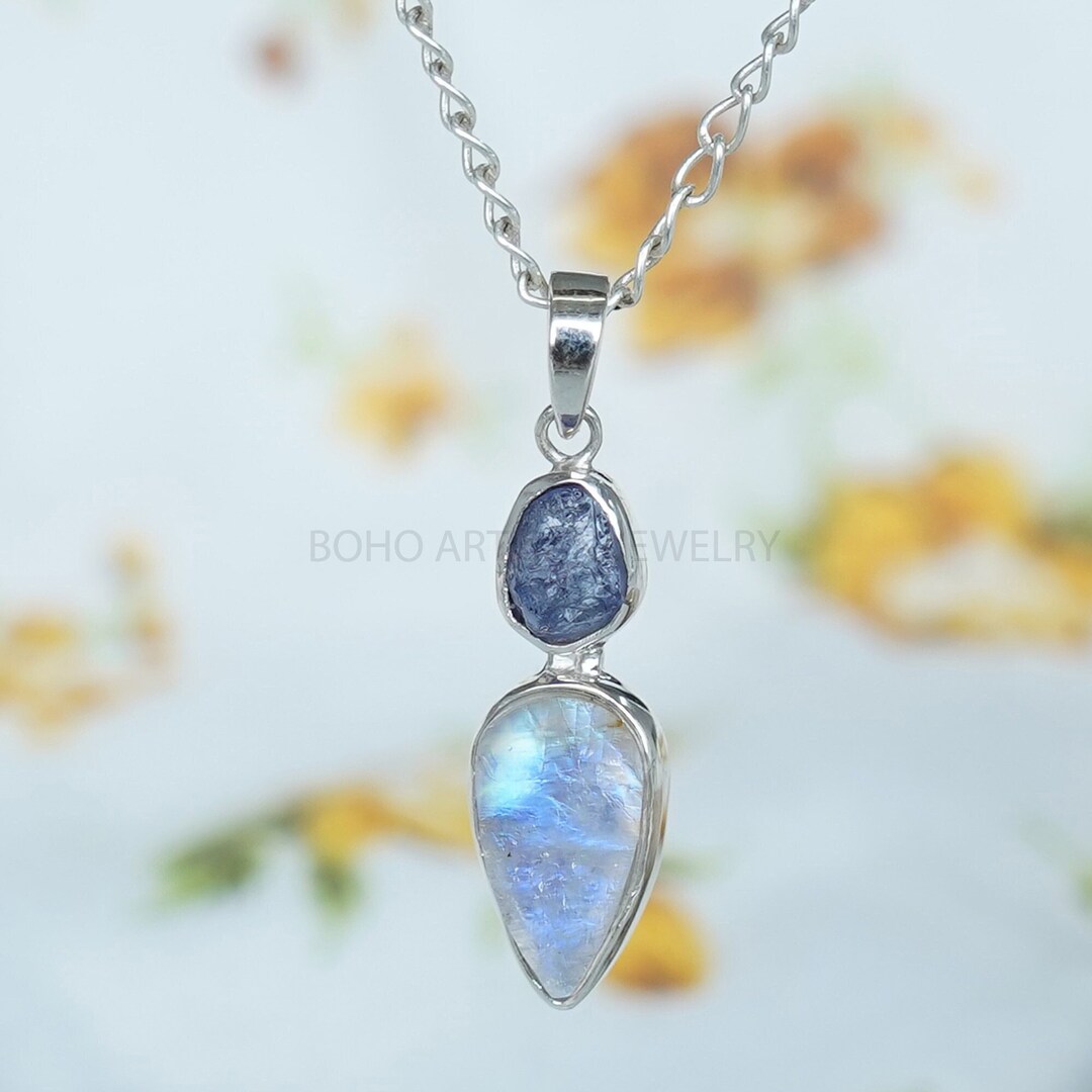 Sapphire Moonstone Necklace Pendant, Two Stone Pendant, Raw Crystal ...
