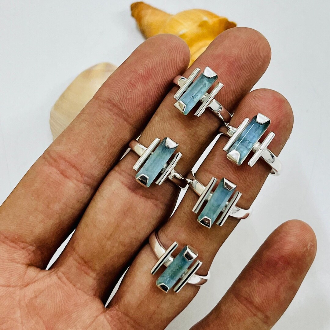 Aquamarine Two Bars Ring, Silver Multi Bars Ring, Aquamarine Pencil Ring, Unique Design Ring ...