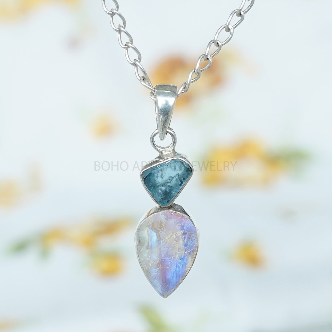 Raw Moonstone Apatite Pendant, Two Stone Pendant, Moonstone Silver ...