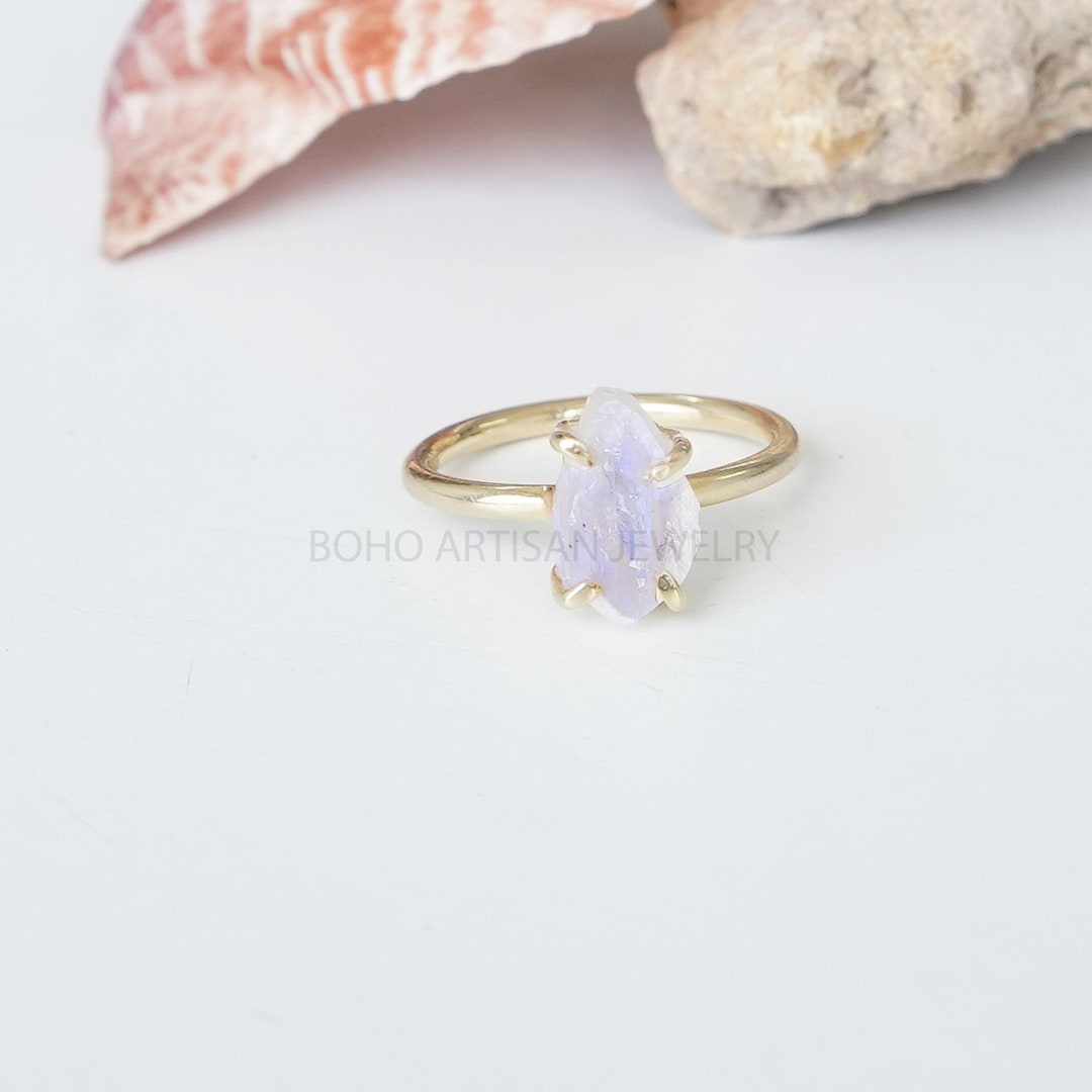 Raw Moonstone Gold Ring, 14K Gold Plated Ring, Handmade Ring, Blue Fire ...