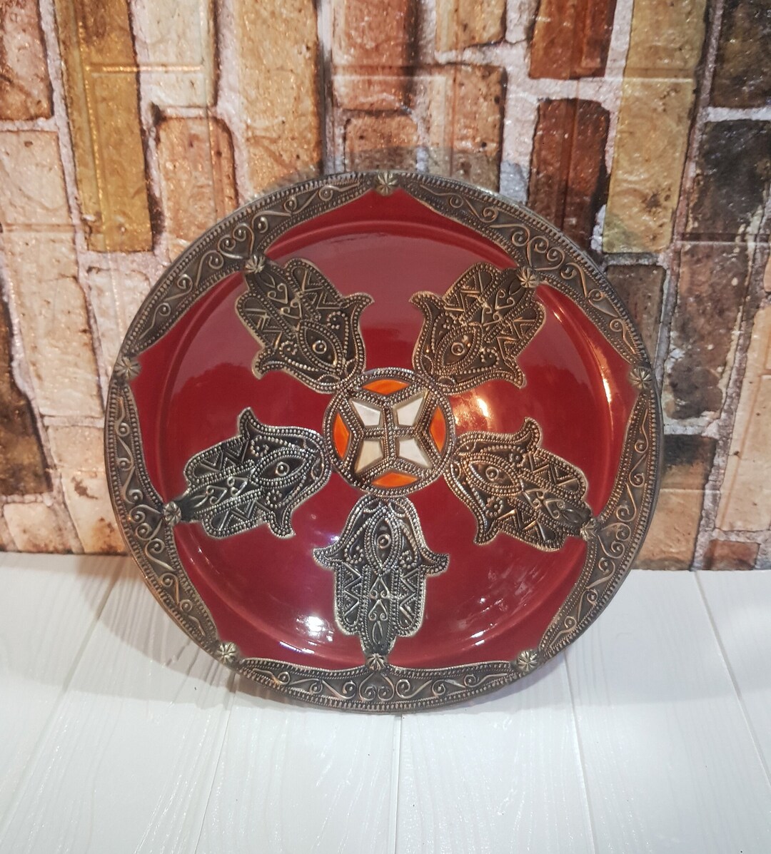 1-3 Days Shipping-moroccan Ceramic Dish With Metal and Stone Inlays ...