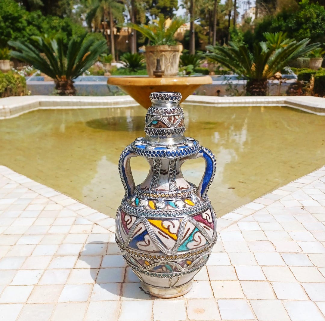 Antique Moroccan Pottery Jug-ceramic Pitcher With Nickel Silver Inlay ...