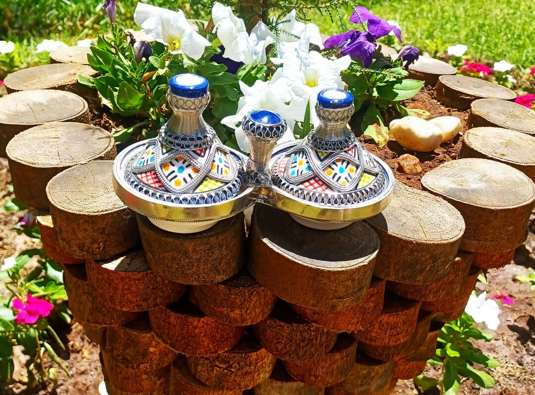 Dual Spice Tagine Set With Silver Nickel Inlay-silver Inlaid Clay Pots ...