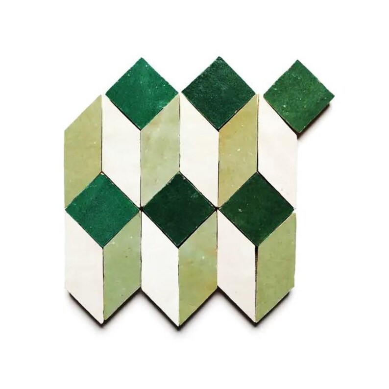 Handcrafted Moroccan Zellige Tile–green & White Interlocking Cube ...