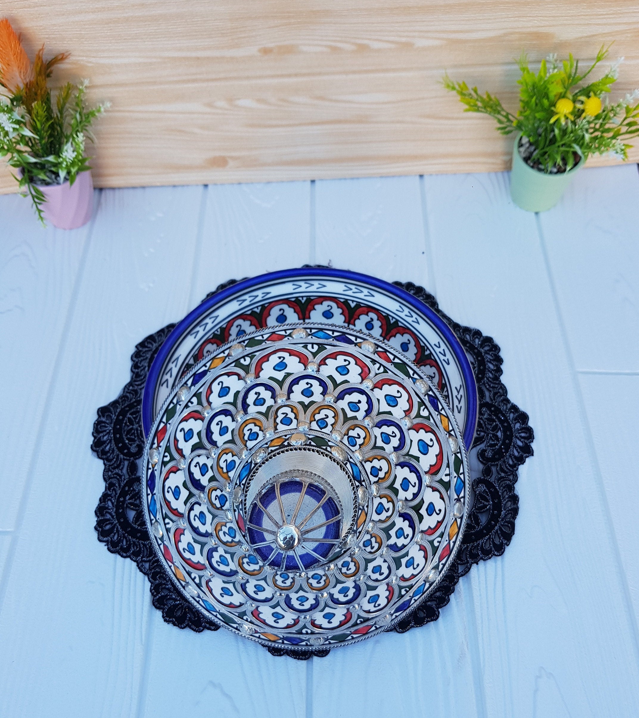 Moroccan Ceramic Tagine With Nickel Silver Inlays-authentic Ceramic ...