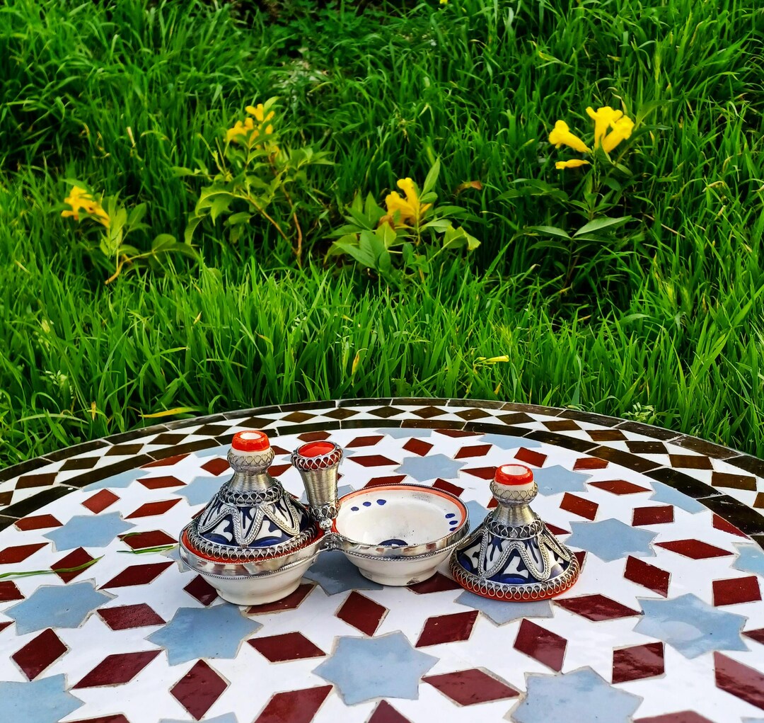 Dual Spice Tagine Set With Silver Nickel Inlay-silver Inlaid Clay Pots ...