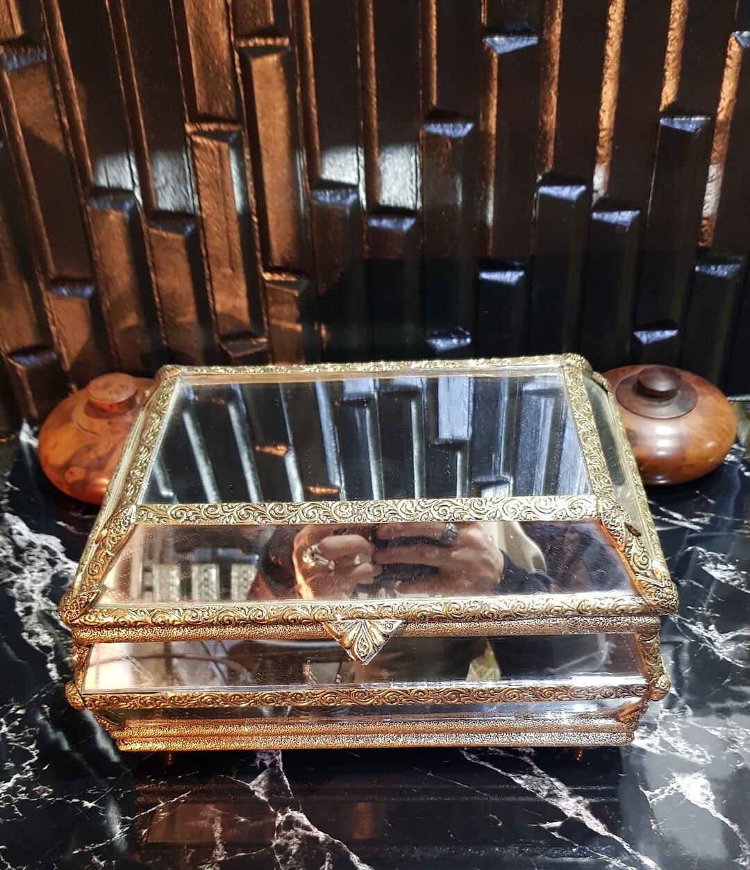 1-3 Days Shipping-vintage Glass Wooden Jewelry Box Brass Plated Glass ...