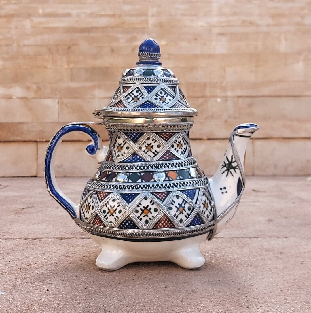 Premium Moroccan Ceramic Teapot With Nickel Silver Inlay-unique ...