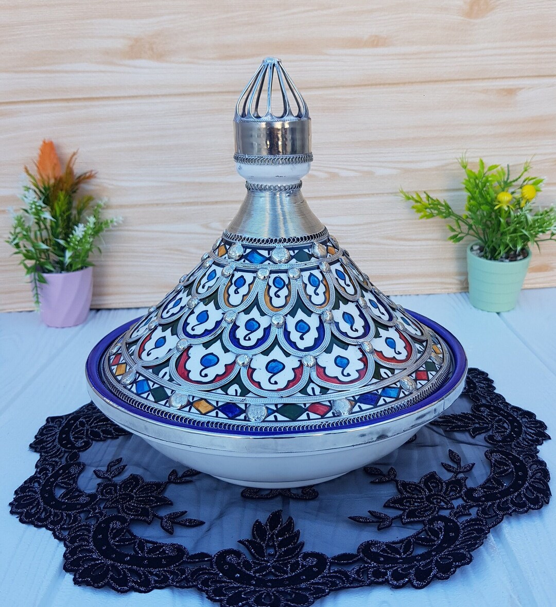 Moroccan Ceramic Tagine With Nickel Silver Inlays-authentic Ceramic ...