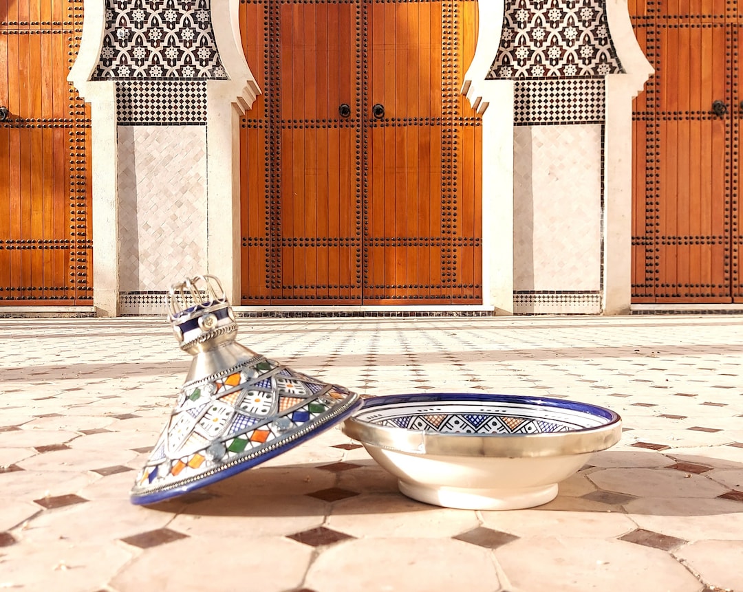 Moroccan Ceramic Tagine With Nickel Silver Inlays-traditional Pottery ...
