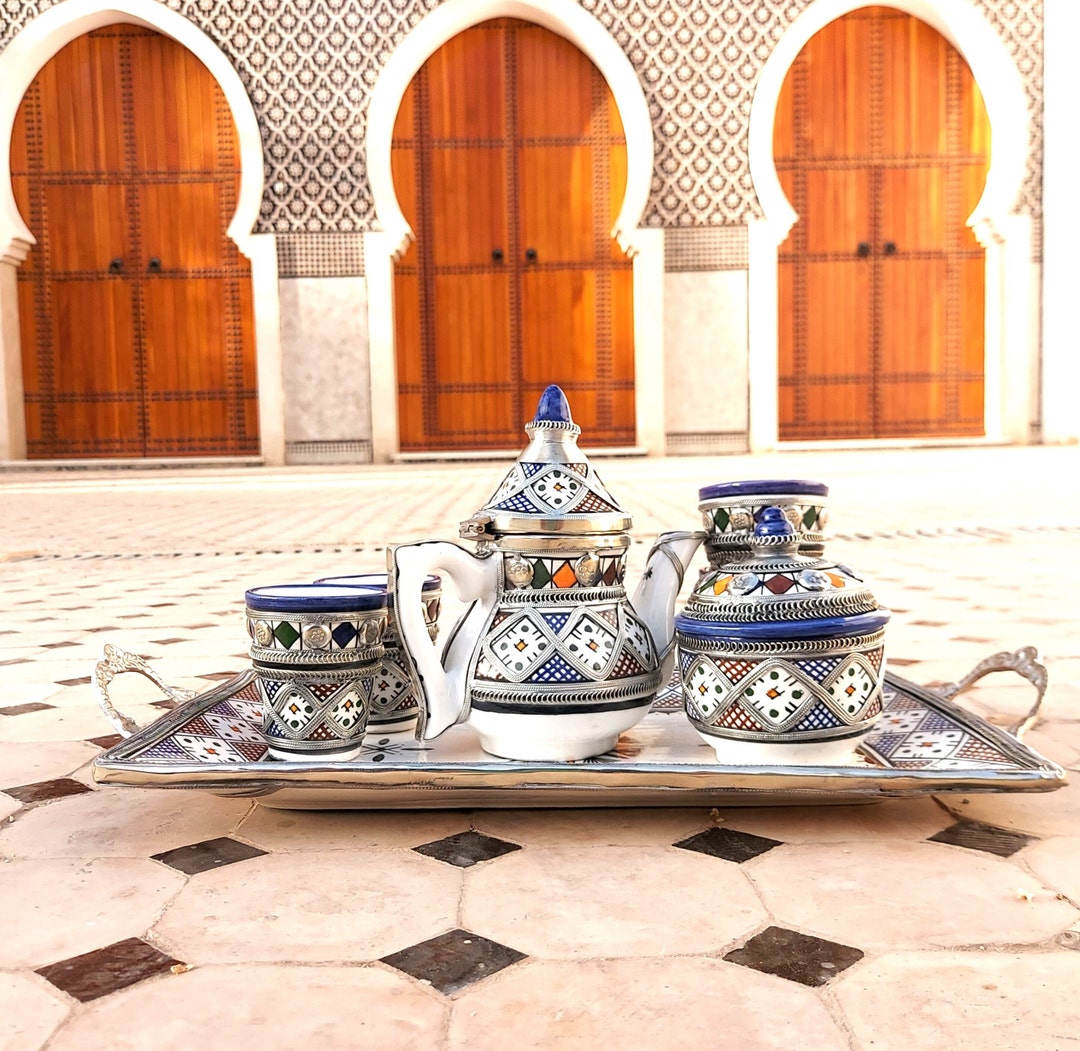 Moroccan Ceramic Teapot Set With Silver Inlay-berber Kettle-plate With ...