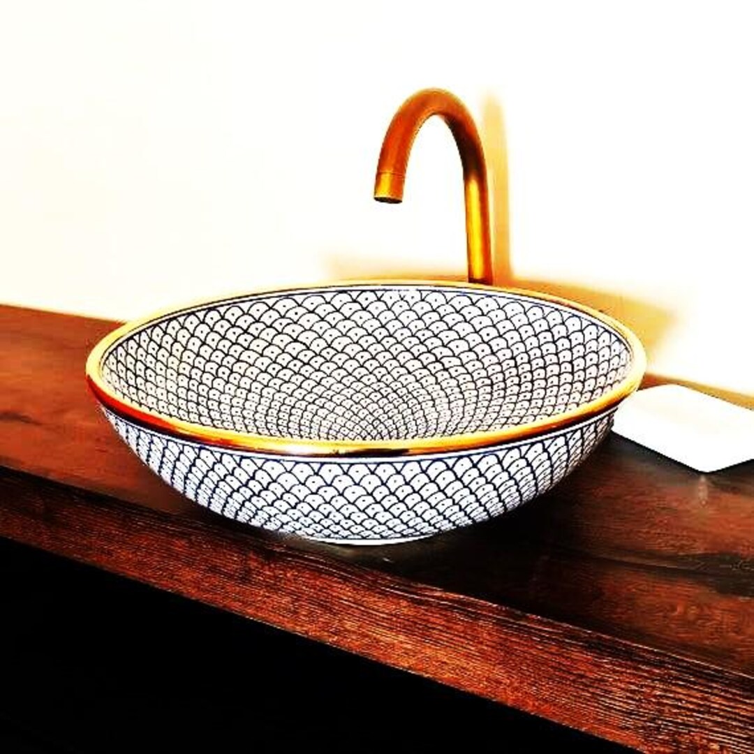 14k Gold Rim Moroccan Ceramic Wash Basin-ceramic Bathroom Sink-elegant ...