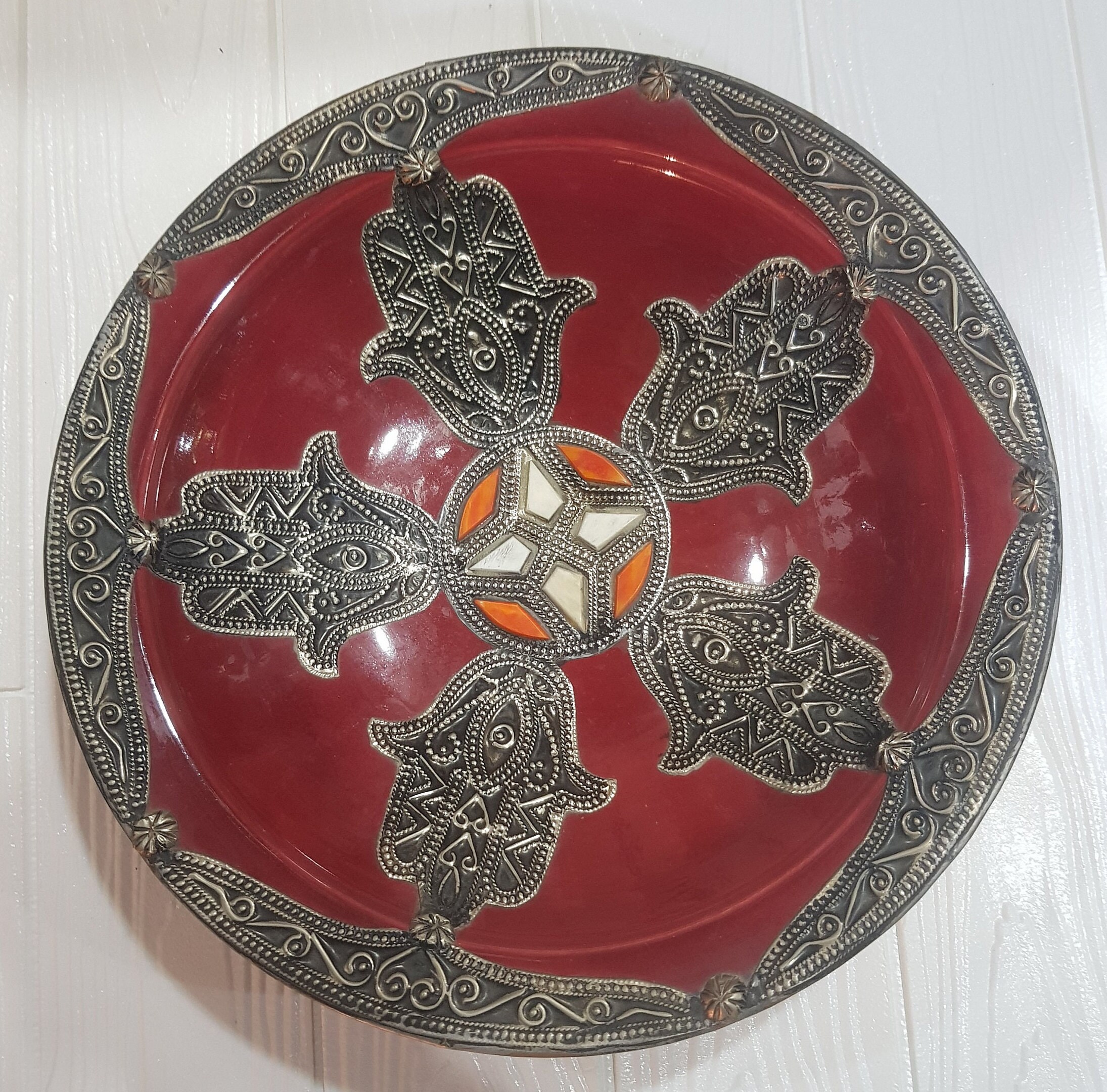 1-3 Days Shipping-moroccan Ceramic Dish With Metal and Stone Inlays ...