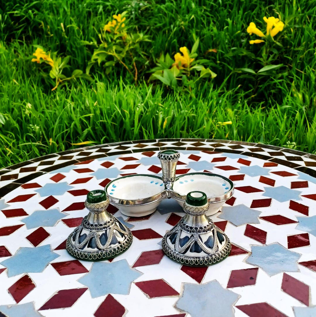 Dual Spice Tagine Set With Silver Nickel Inlay-silver Inlaid Clay Pots ...