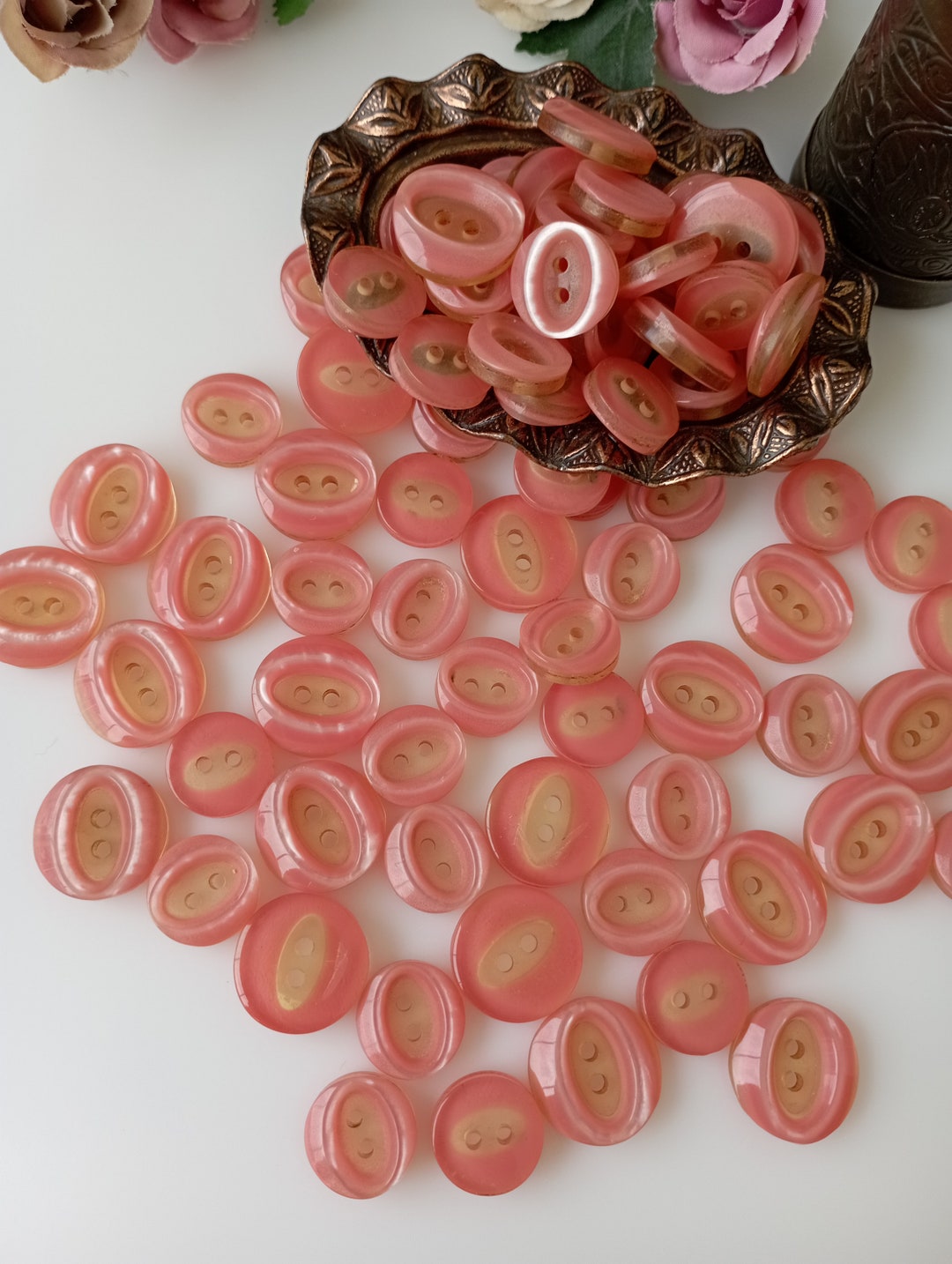 1970's 80's Buttons, Antique Buttons, Peach Color Vintage Buttons, Old ...