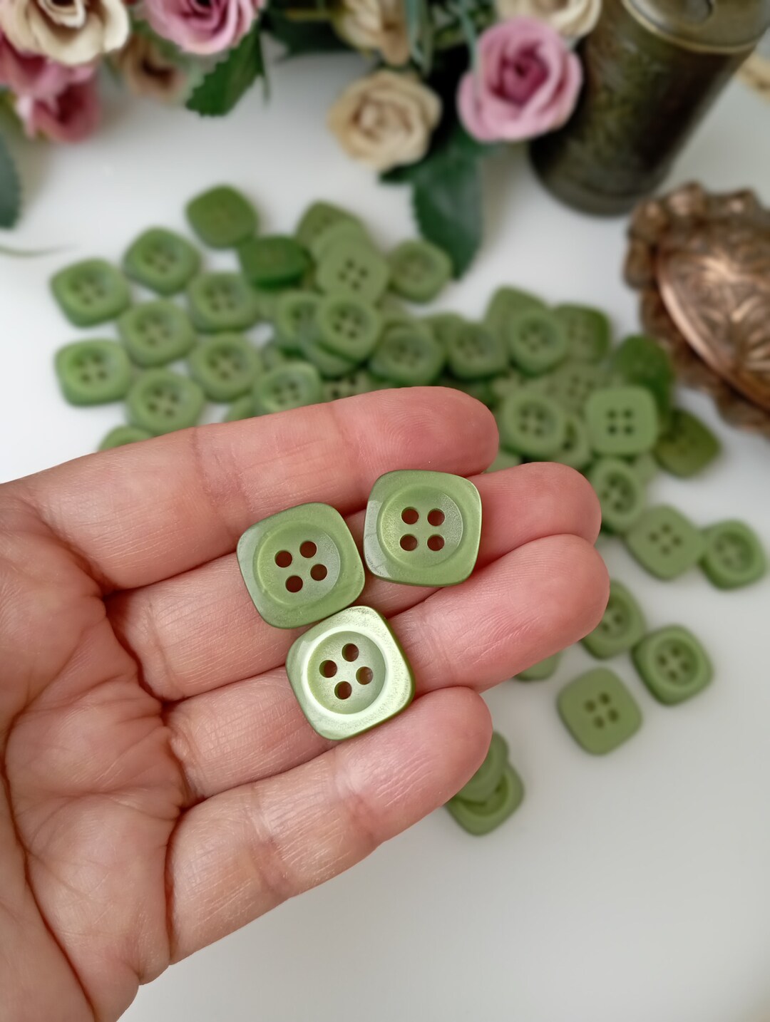 10 Psc Vintage Buttons Light Green Four Holes Button Square - Etsy
