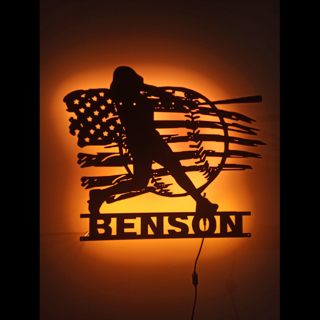 Personalized Baseball US Flag Wooden Neon Wallart RGB LED Light ...