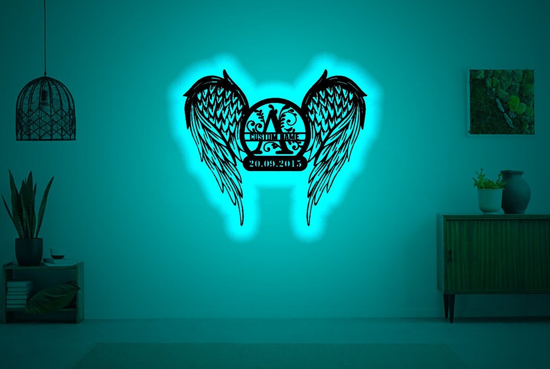 Personalized Angel Wings Name Date Wooden Wall Art LED Light ...