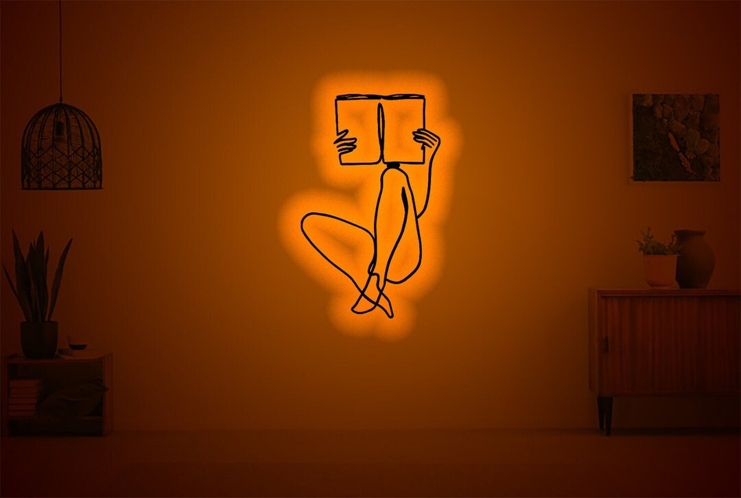 Book Reading Line Art Wooden Wallart LED Light Book Lover Sign Home ...