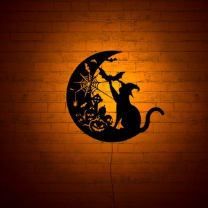 Witch Cat on the Moon Lighted-up Wallart With RGB Color Changingled ...