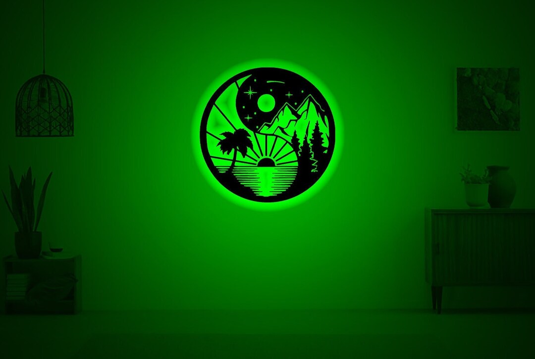 Yin Yang Sun Moon Buddhism Wood Wall Art With RGB LED Light, Yinyang ...