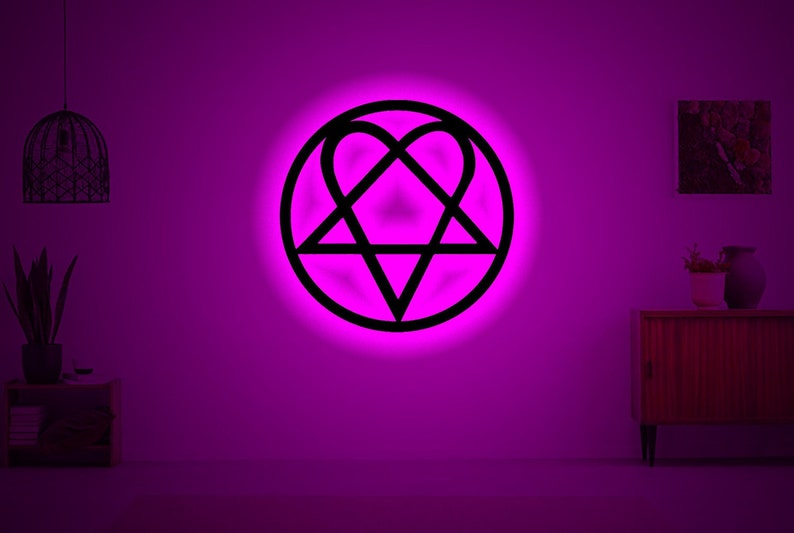 Heartagram Symbol Wooden Wallart Led Light Heart Pentagram - Etsy