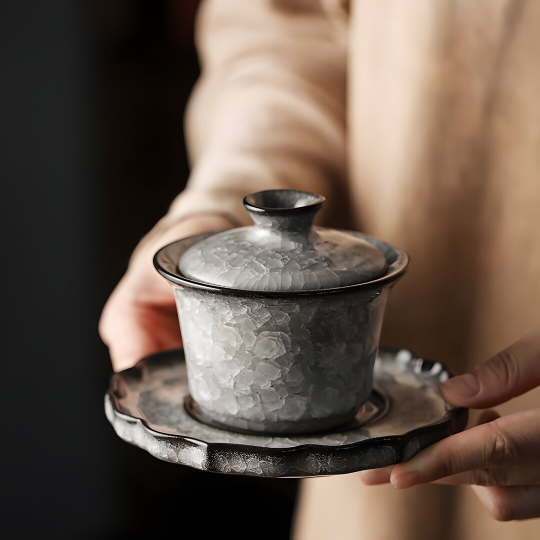 Silver Crackle Glazed Gaiwan With Saucer Set, Ceramic Chinese Tea Cup ...