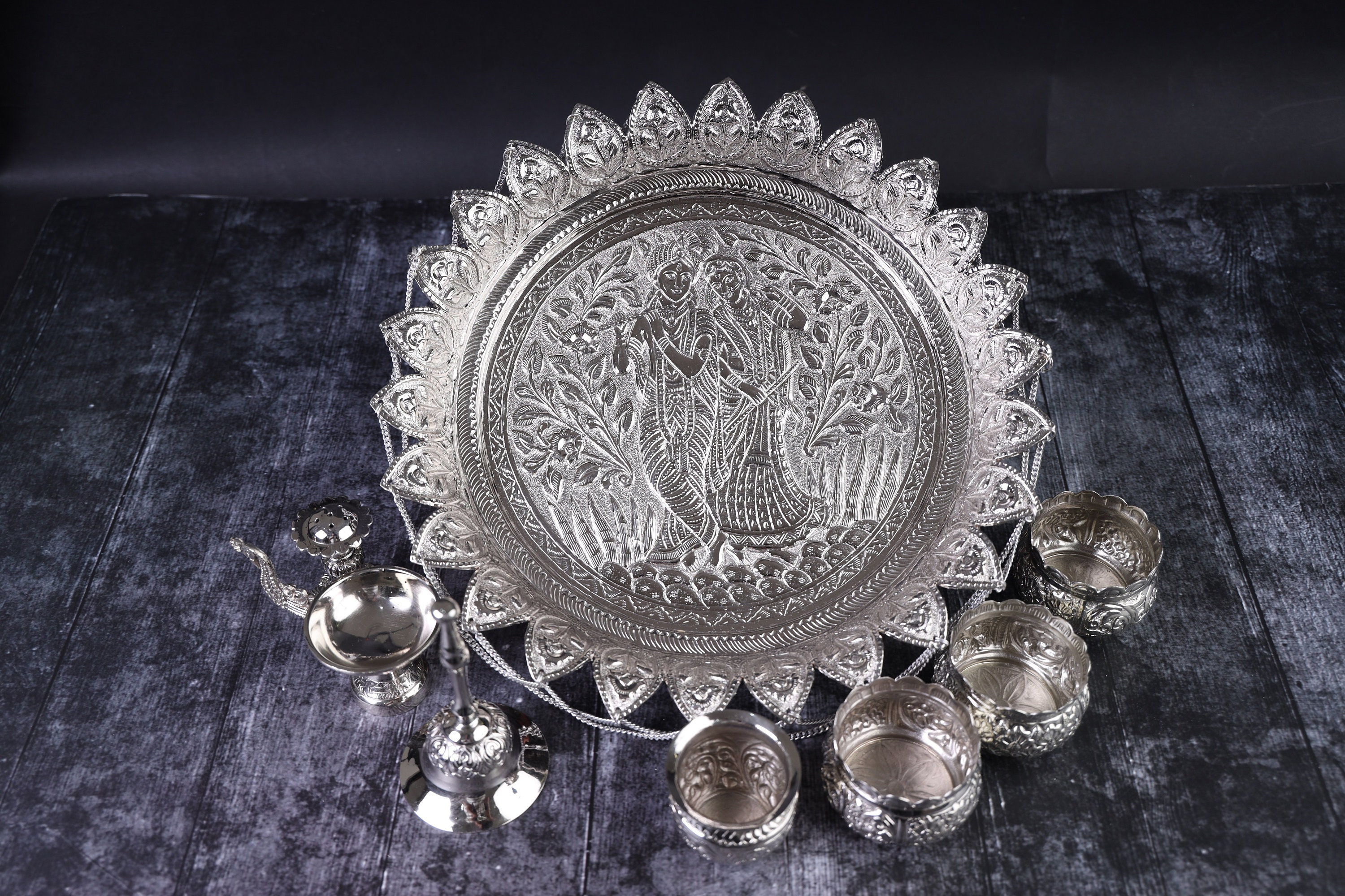 German Silver Pooja Thali Set Haldi Pasupu Kumkum,pooja,pongal,diwali ...