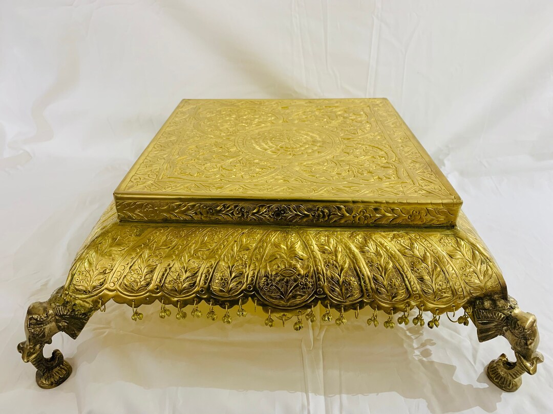 Brass Indian Chowki, Low Stool, Ottoman, Bajot, Temple Stool, Golden ...