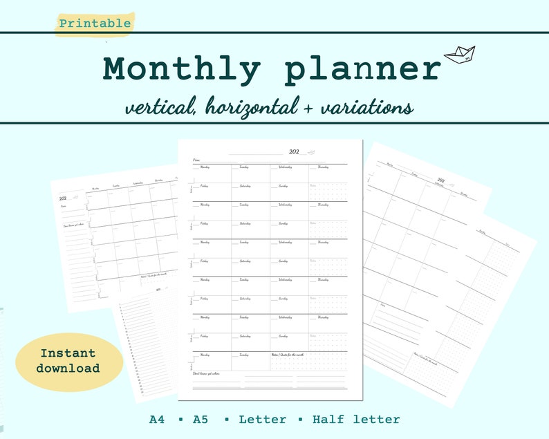 Monthly Planner Printable (instant Download, Organise, Vertical ...