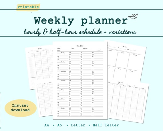 Weekly Planner Printable hourly Schedule Half Hour - Etsy