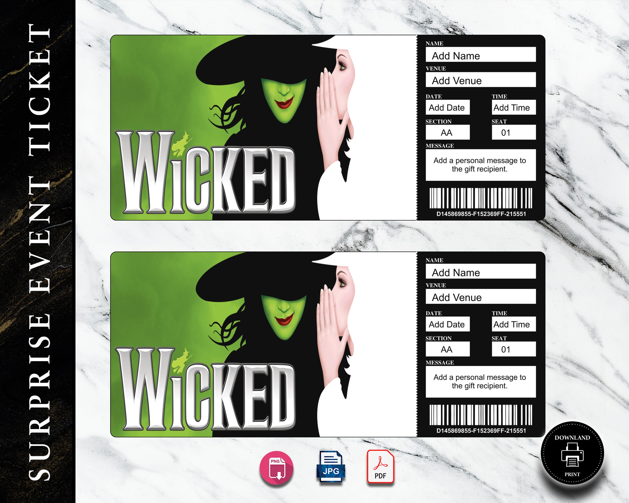Printable Wicked Broadway Surprise Ticket Editable Musical Etsy Printable Wicked Broadway Surprise Ticket Editable Musical Etsy