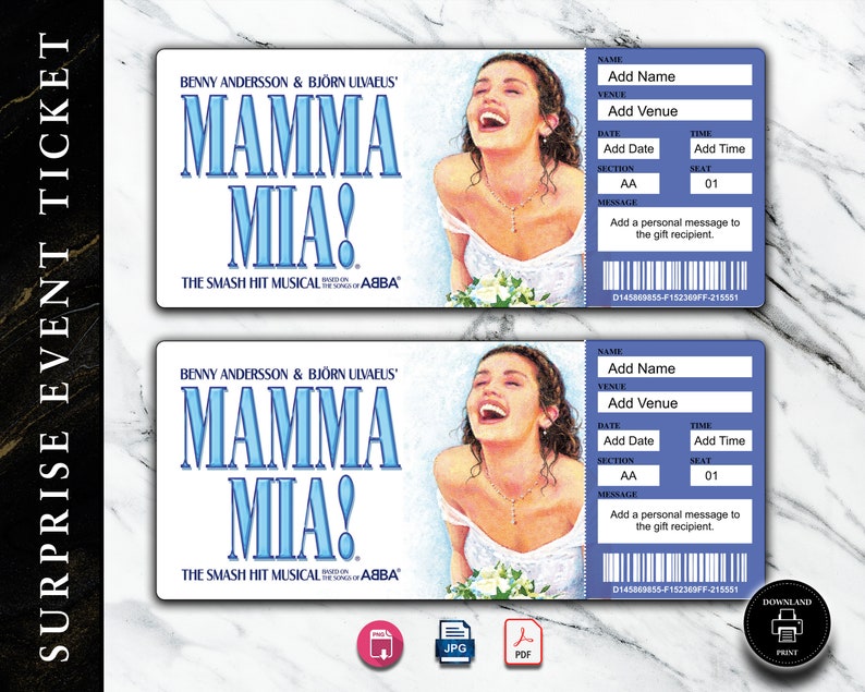Printable Mamma Mia Broadway Surprise Ticket Editable Musical Etsy