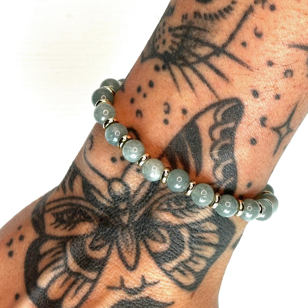 Natural Burmese Jade Crystal Stretch Bracelet, Handmade Beaded Gold ...