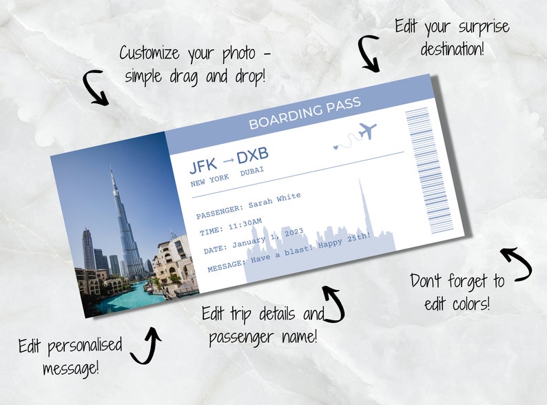 Editable Boarding Pass Template Custom Boarding Card Printable Plane ...