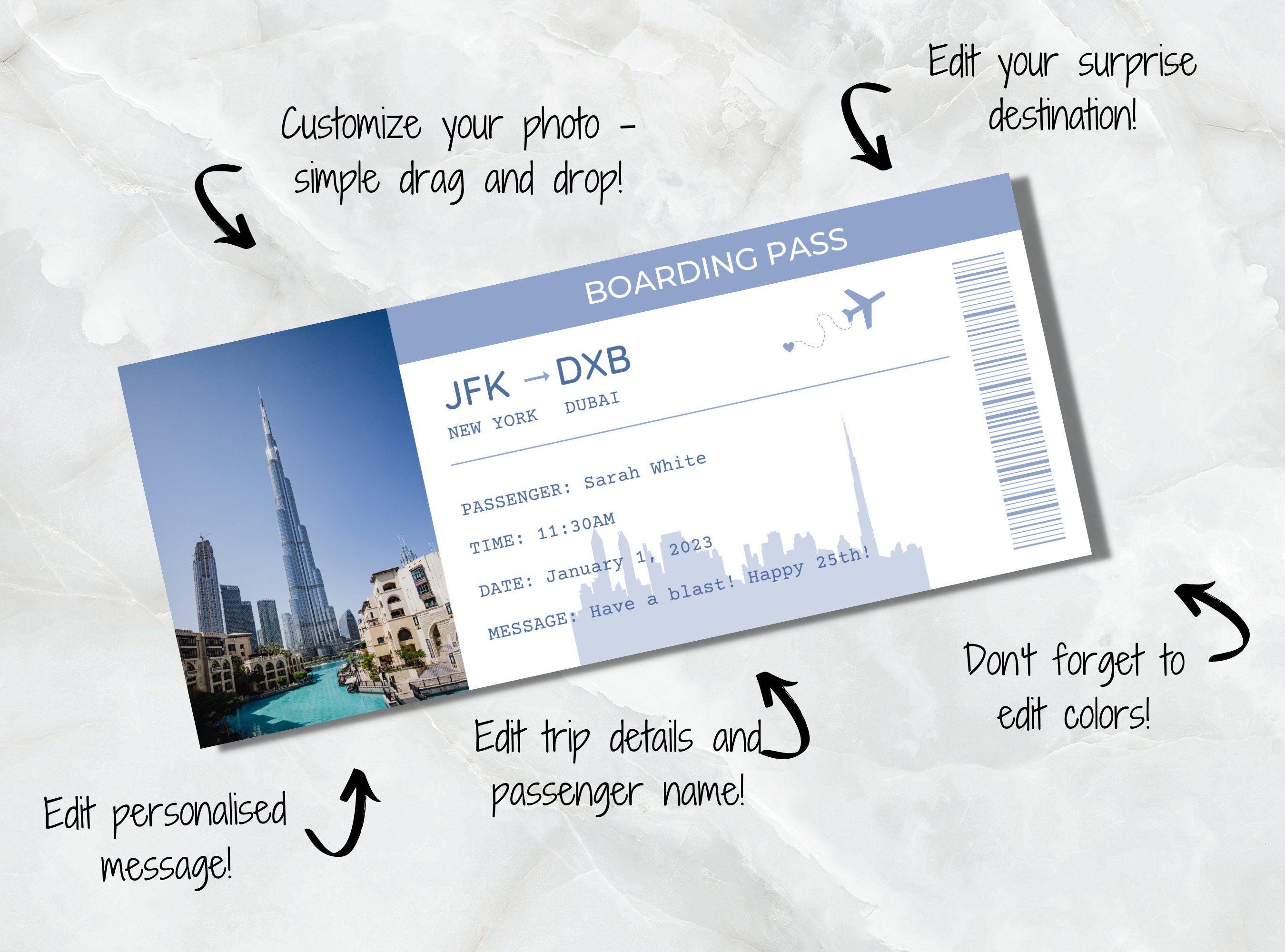 Editable Boarding Pass Template Custom Boarding Card Printable Plane ...