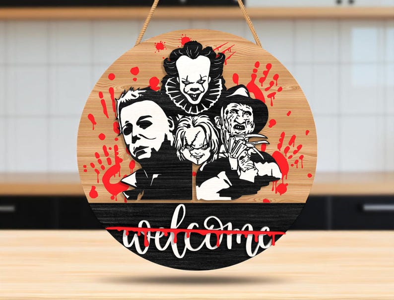 Horror Characters Welcome Sign SVG , Halloween Door Sign Laser Cut File ...