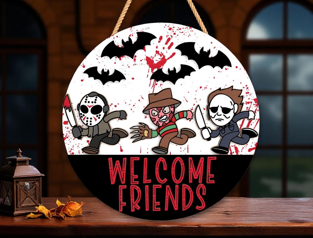 Funny Horror Friends Welcome Sign SVG , Halloween Door Hanger Laser Cut ...