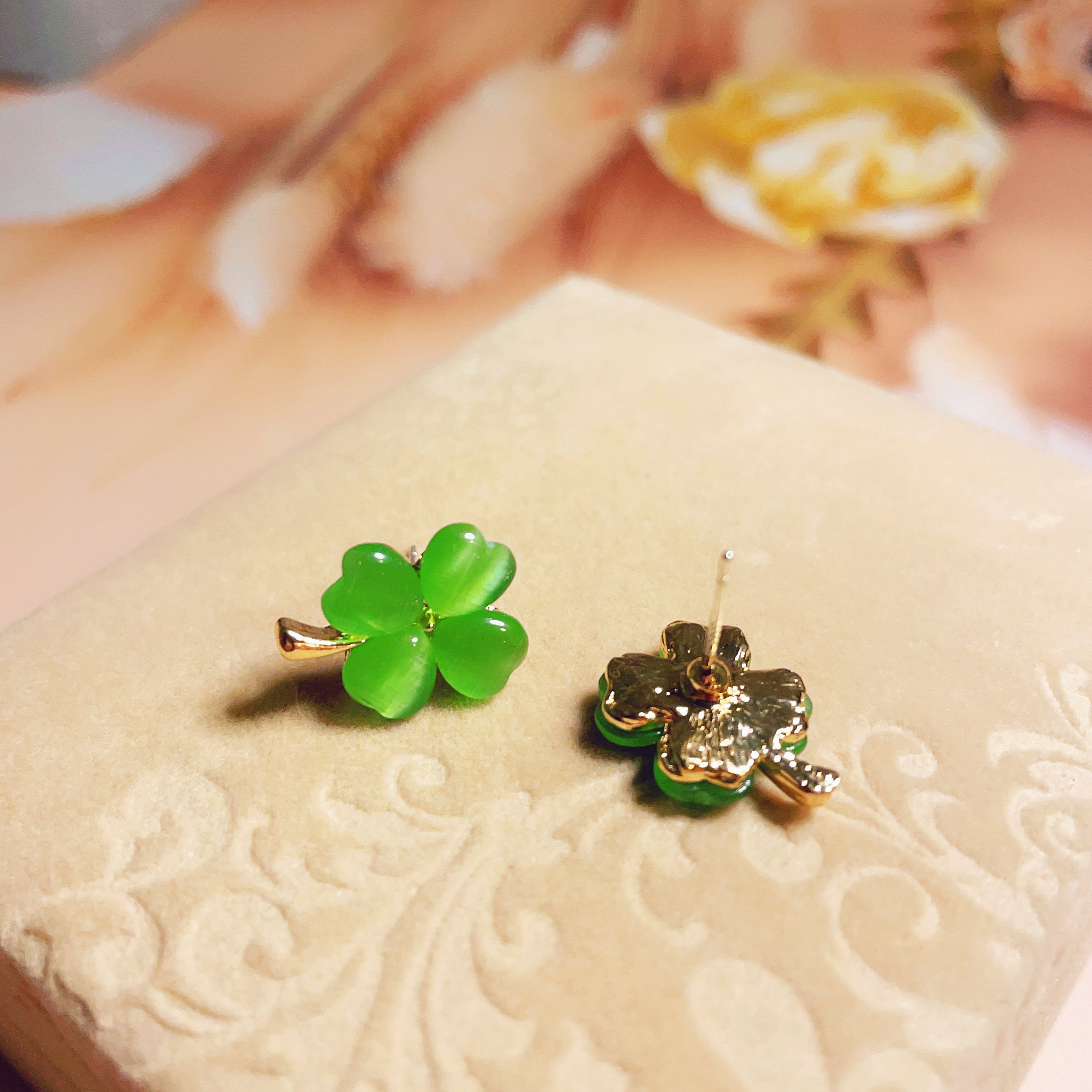 Four Leaf Clover Plugs Earrings Flower Earrings Gold Emerald - Etsy
