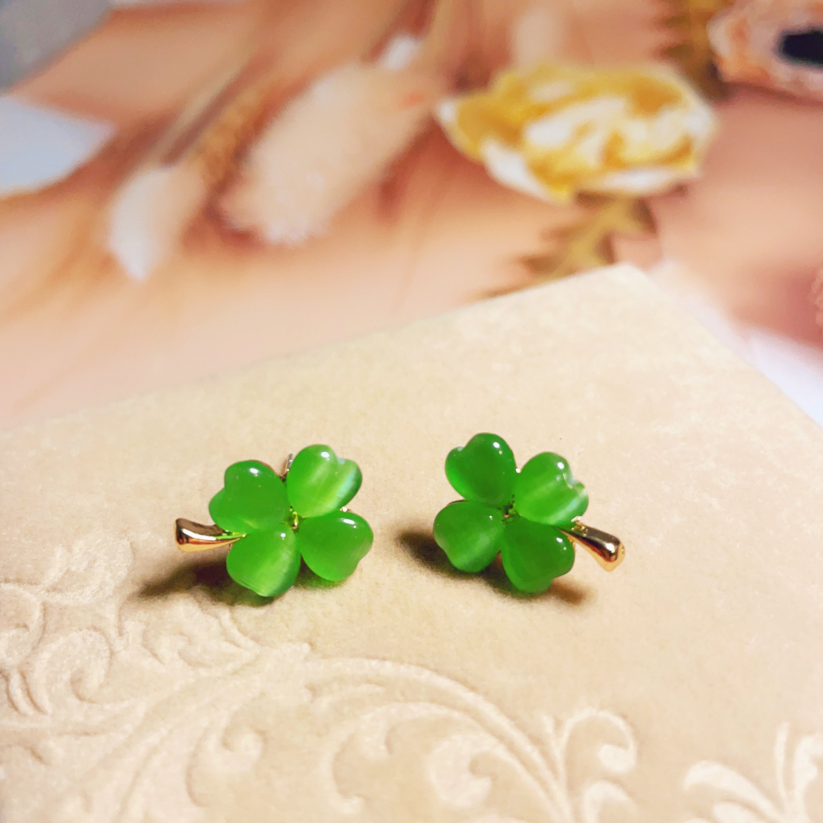 Four Leaf Clover Plugs Earrings Flower Earrings Gold Emerald - Etsy
