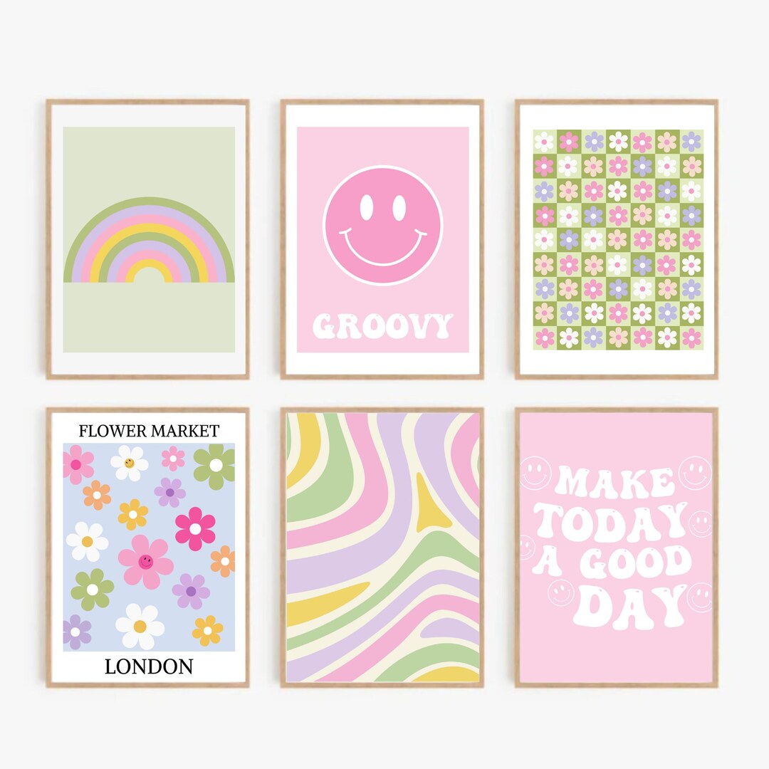 Retro Wall Art Set of 6, Pastel Danish Decor, Pink Preppy Wall Art ...